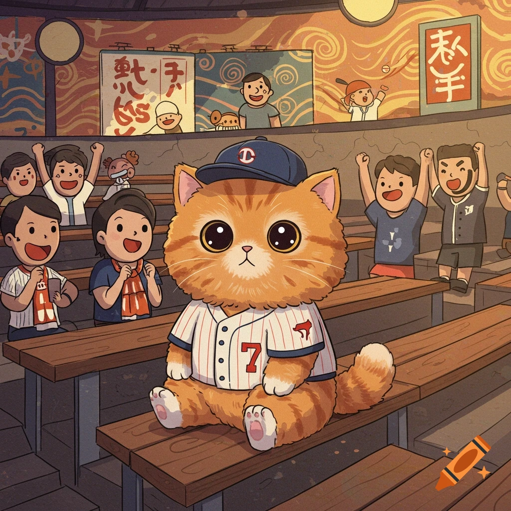 A cute ginger and white cat in a baseball uniform and cap sits in the ...