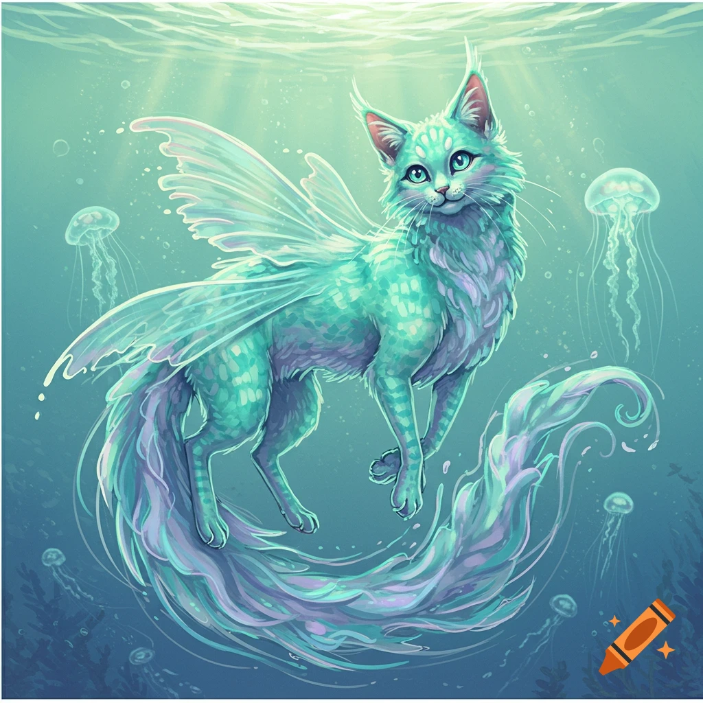 Aquatic cat-like creature with jellyfish-like fins on Craiyon