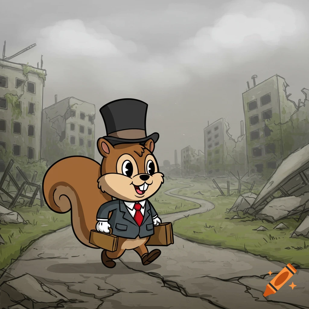 1920s cartoon squirrel in a post-apocalyptic landscape on Craiyon