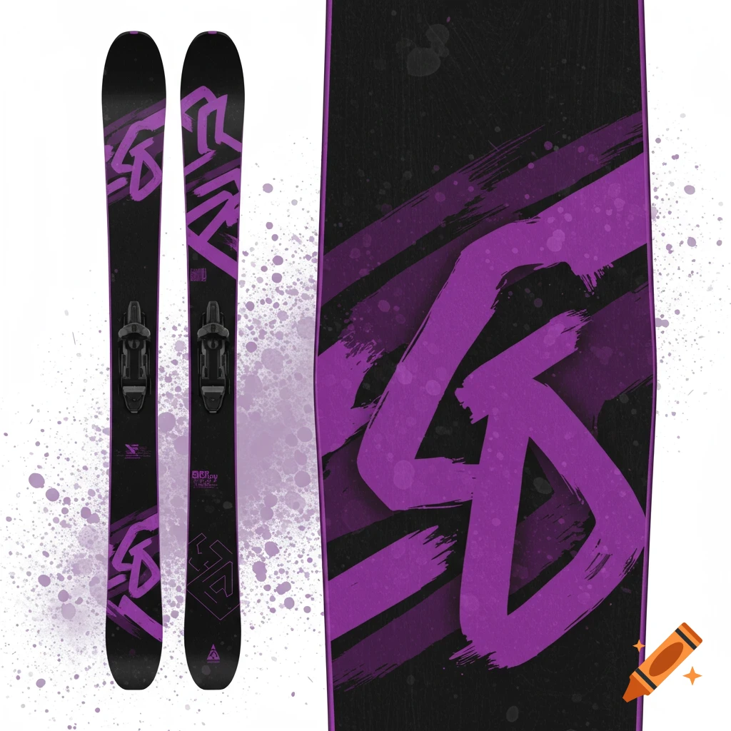 Twin tipped freestyle ski with purple and black graphic on Craiyon
