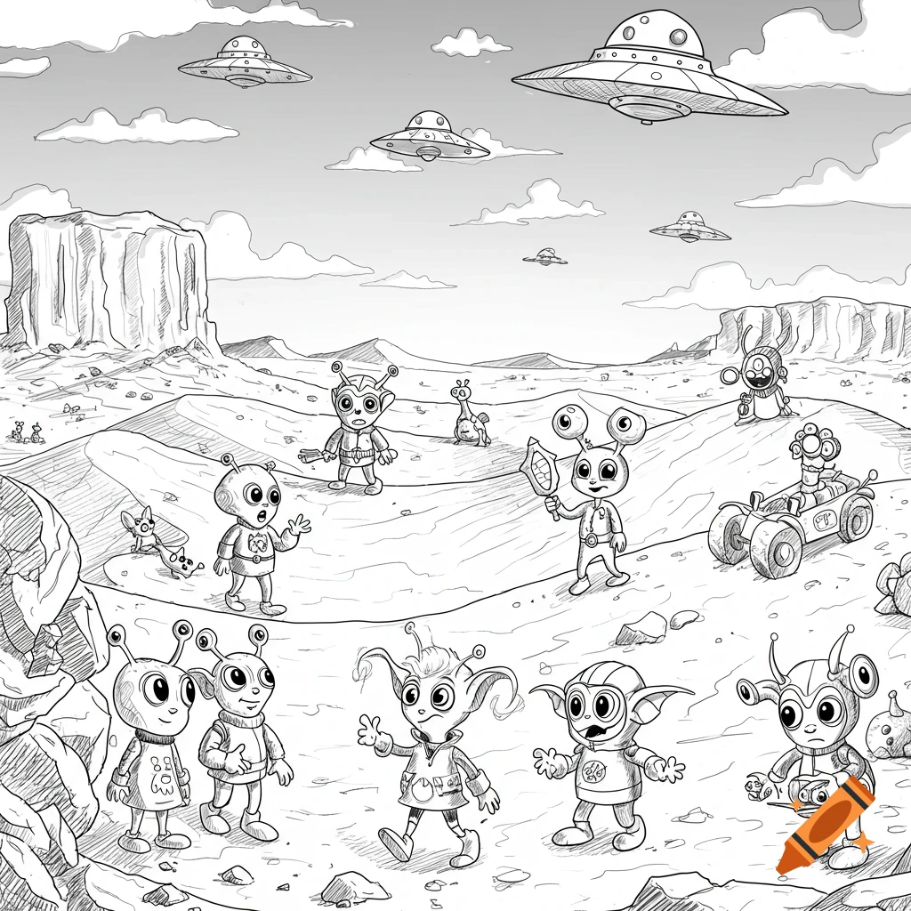 Desert fantasy sketch with aliens in cartoon style (black and white) on ...