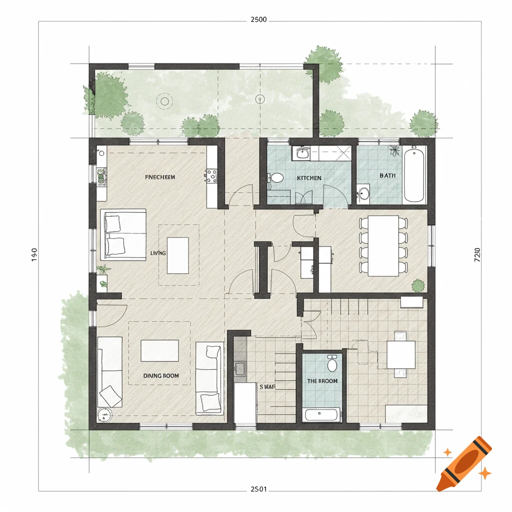 House CAD layout with two rooms and one kitchen on Craiyon