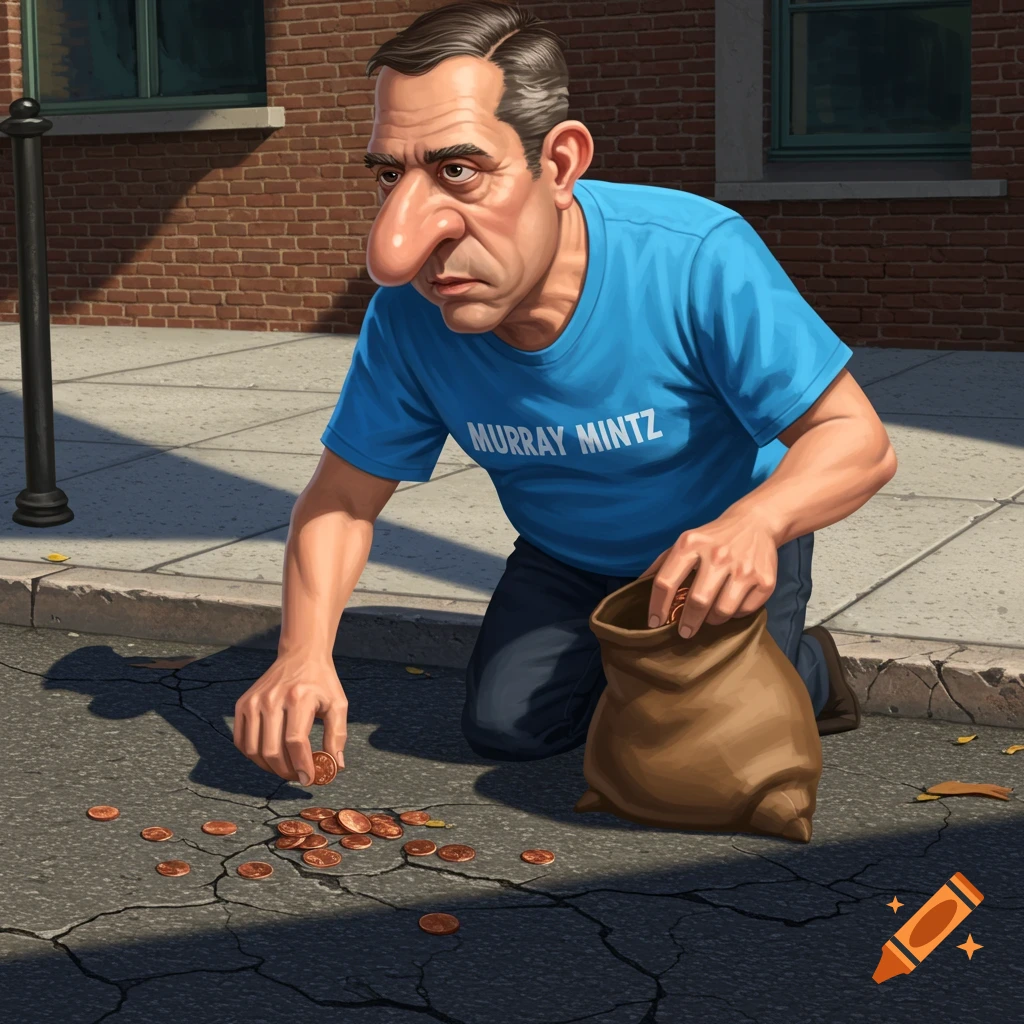 Person picking up pennies with big nose and Murray Mintz shirt on Craiyon