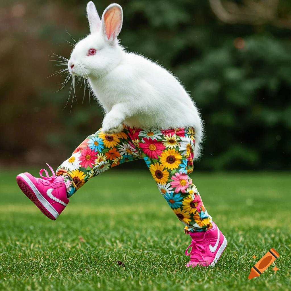 White rabbit wearing floral pants and pink sneakers standing on green ...