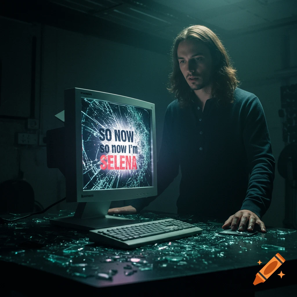 Man with long hair and exploding computer with text 'so now I'm Selena ...