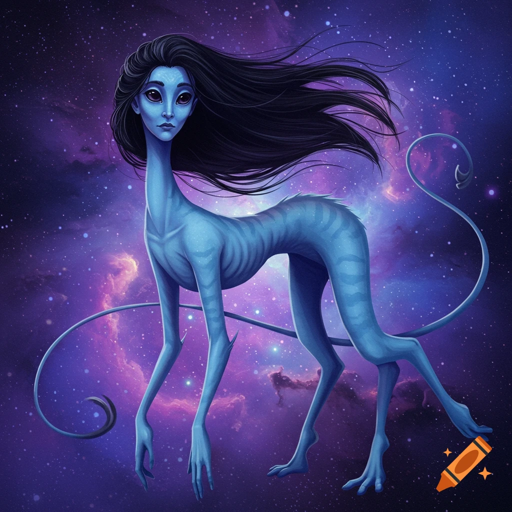 Blue skeletal alien creature with long hair and four legs stands in deep space. on Craiyon
