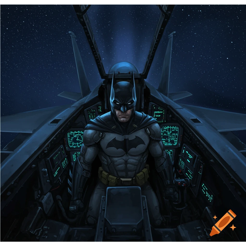 Batman sits in the cockpit of a jet fighter with a starry sky outside ...