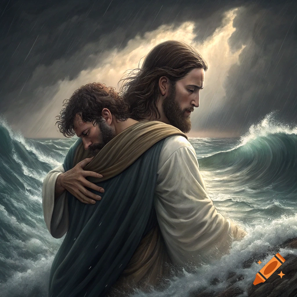 Jesus holds a man close in a stormy sea with large waves. on Craiyon