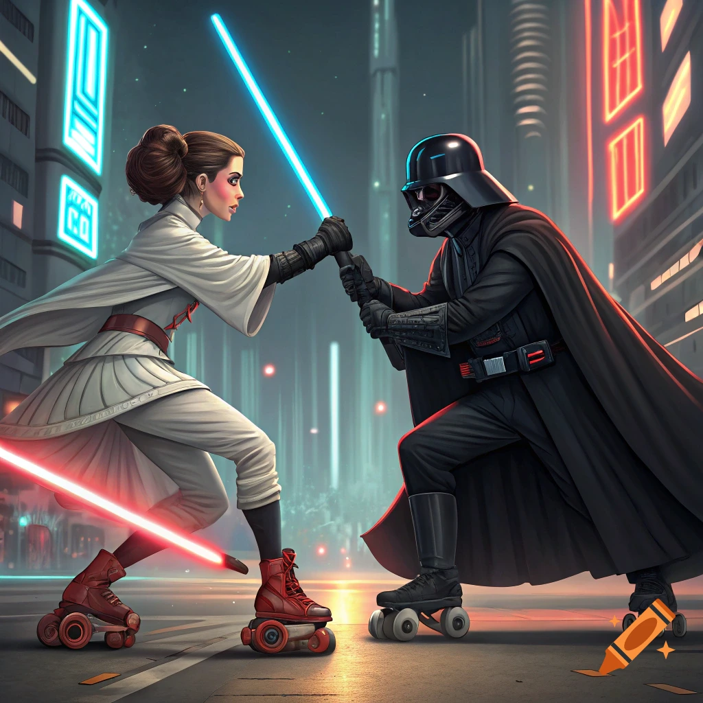 Princess Leia and Darth Vader lightsaber fight on roller skates on Craiyon