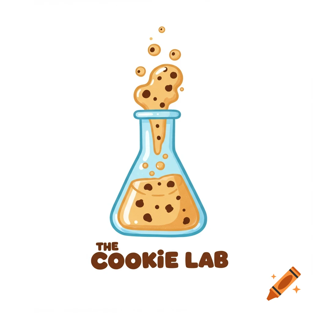 Logo of science beaker with cookies and 'the cookie lab' text on Craiyon