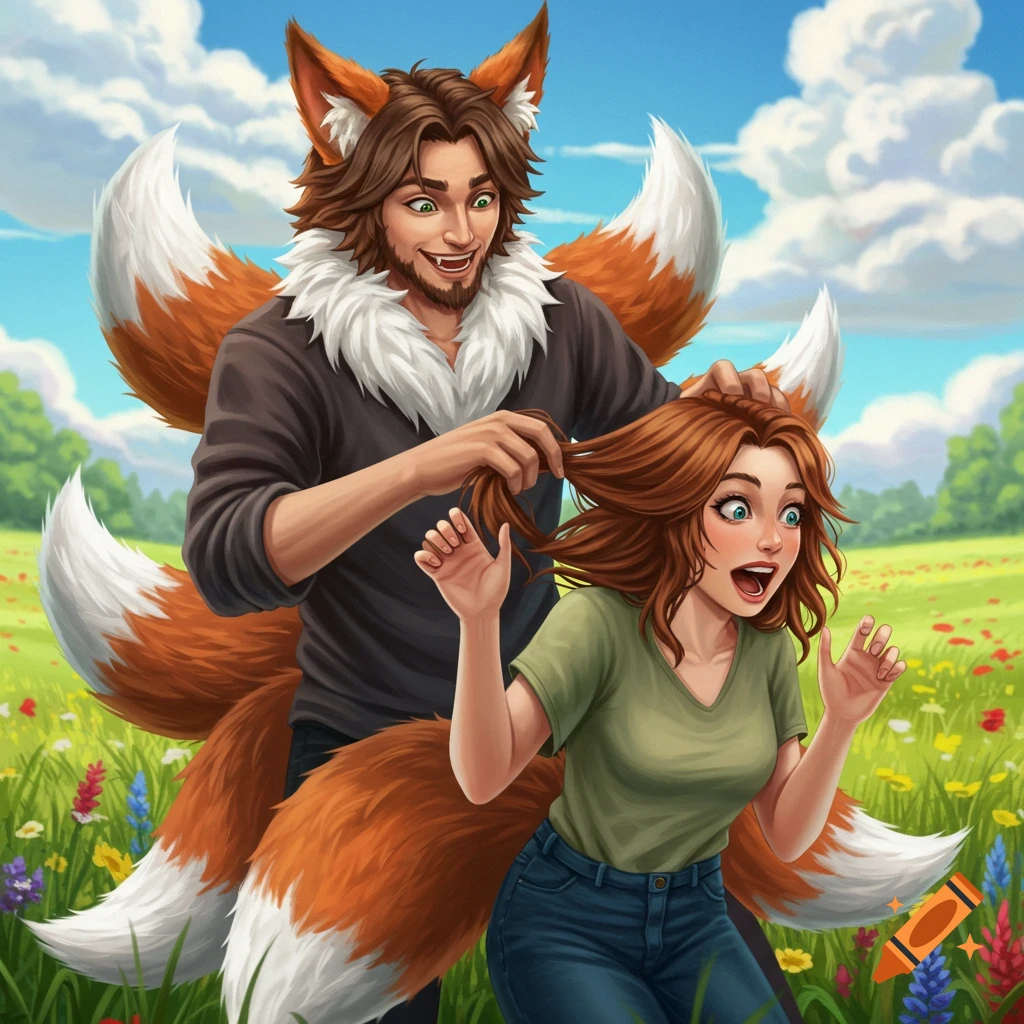 An anime illustration of a man with fox ears and tails teasing a ...