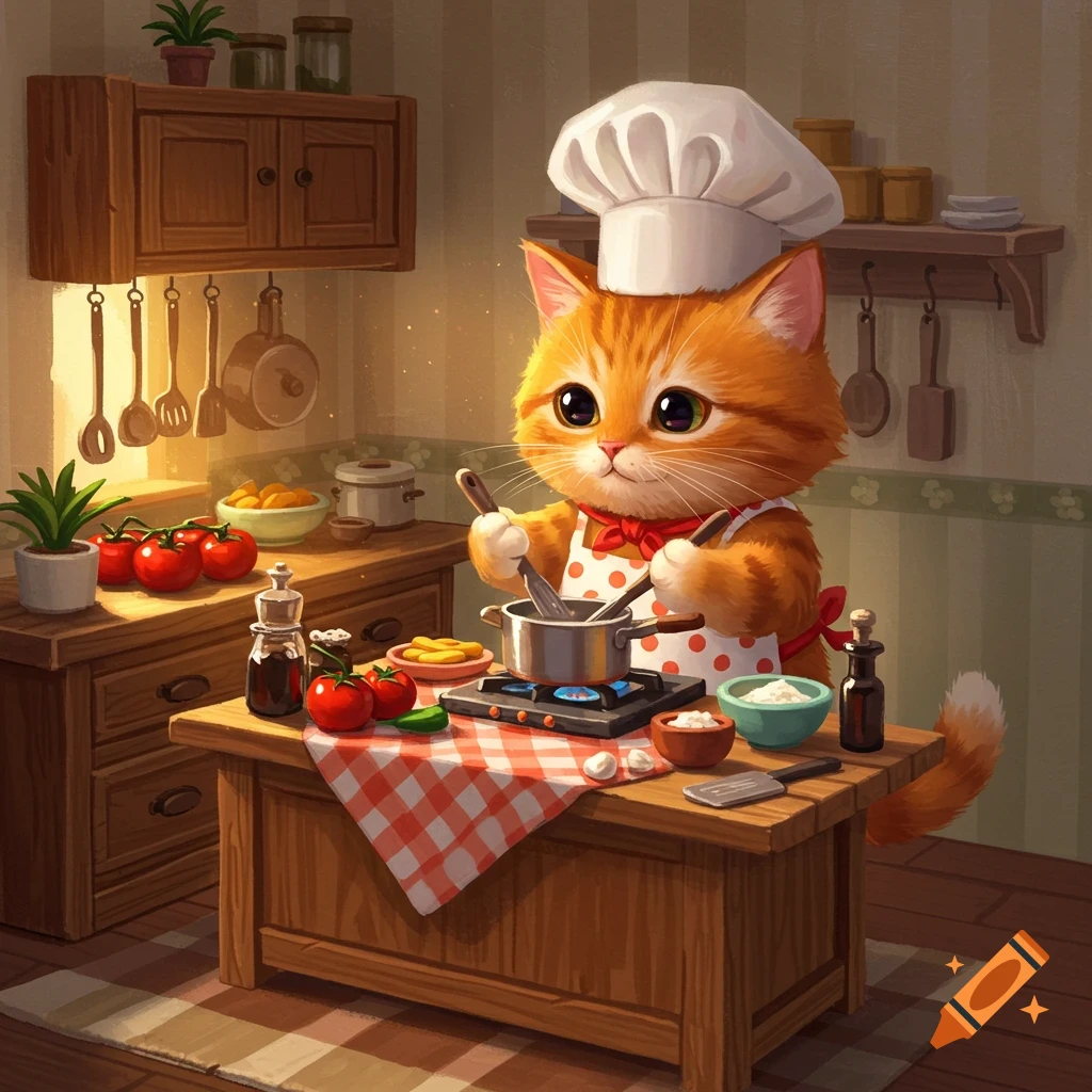 An orange tabby cat wearing a chef hat and apron stirs a pot on a stove ...