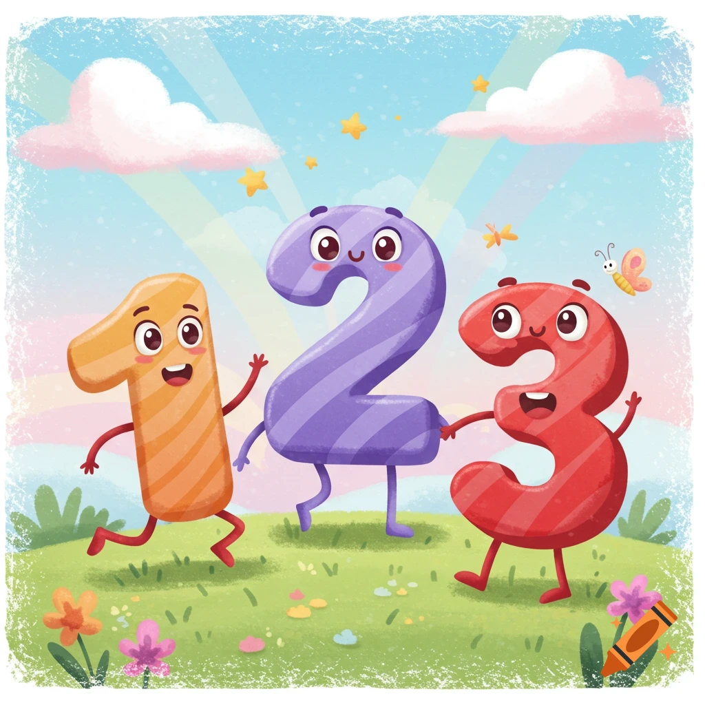 Cartoon numbers 1, 2, and 3 skipping hand-in-hand on a grassy hill ...