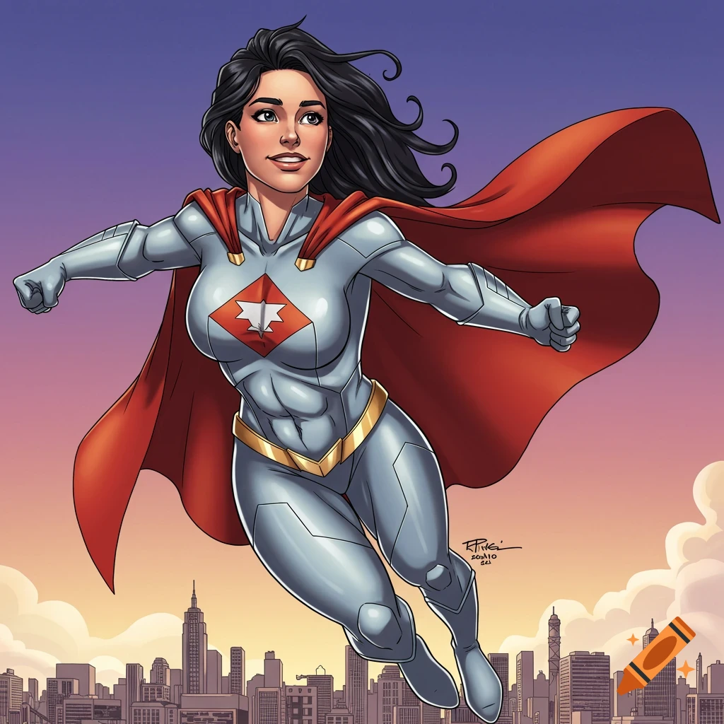 Comic Art Illustration of a Superhero in a Hijab Flying Over a ...