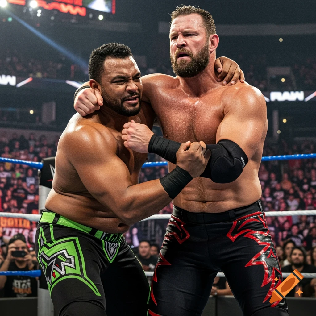 Two wrestlers grapple in a ring during a match in a large arena. on Craiyon
