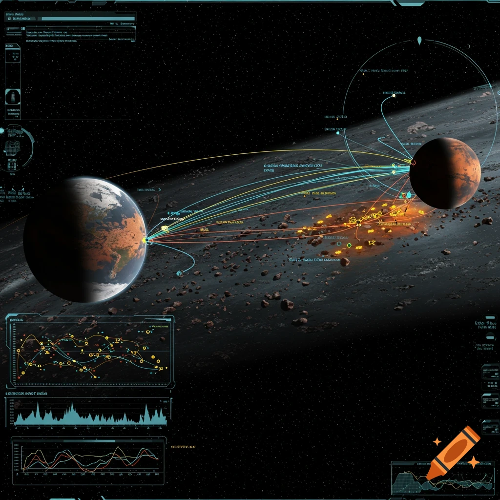 Interplanetary supply routes on a tactical monitoring screen showing ...