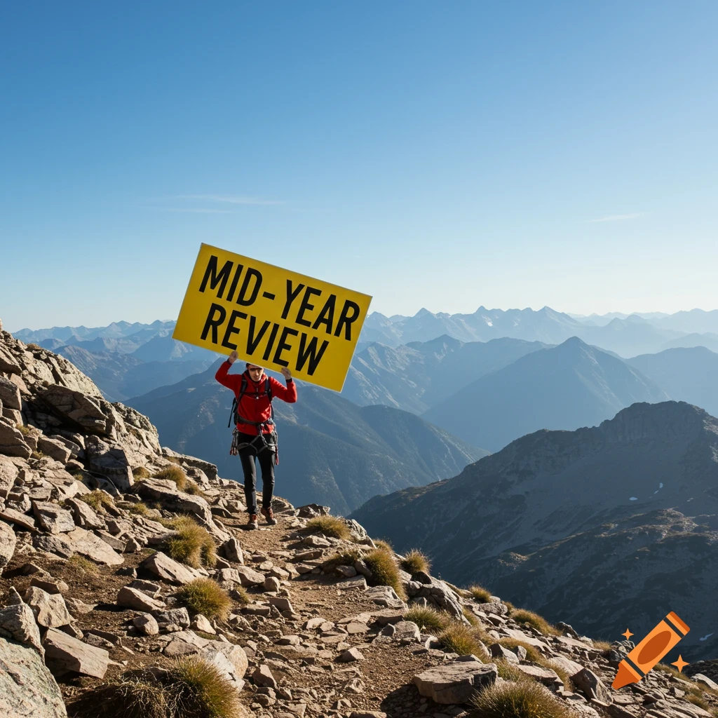 Person holds a 'Mid-Year Review' sign on a mountain trail. on Craiyon
