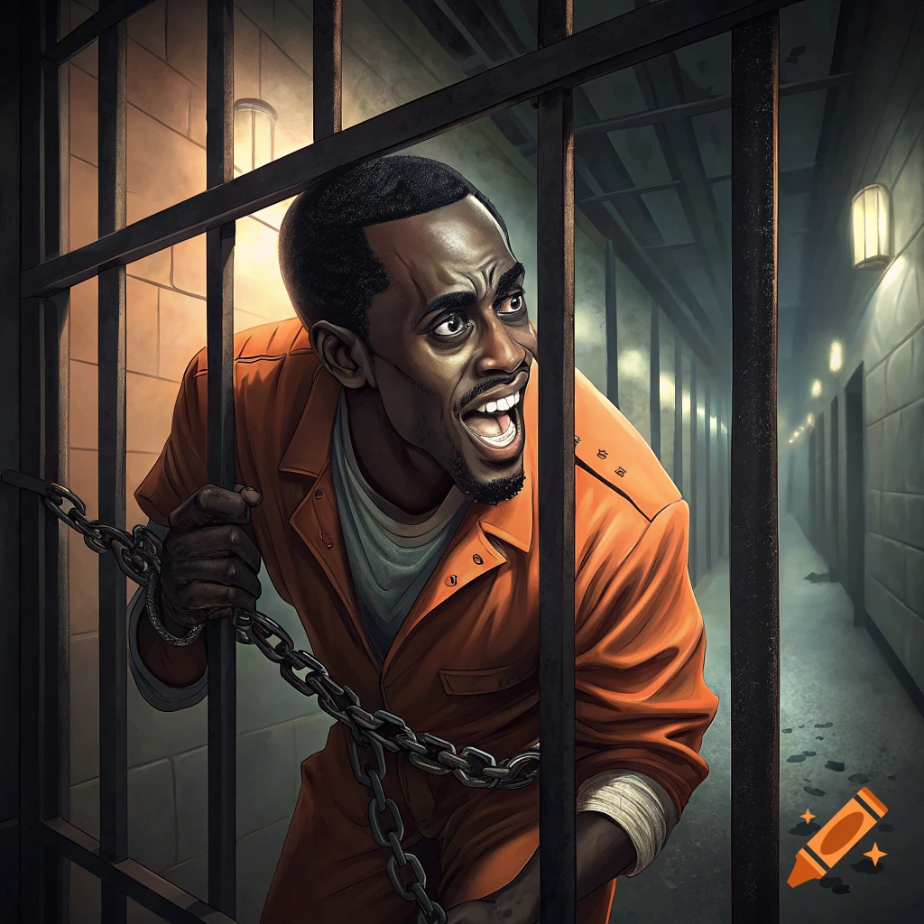 Illustration of a man in an orange jumpsuit in a prison cell, holding chains and looking through ...