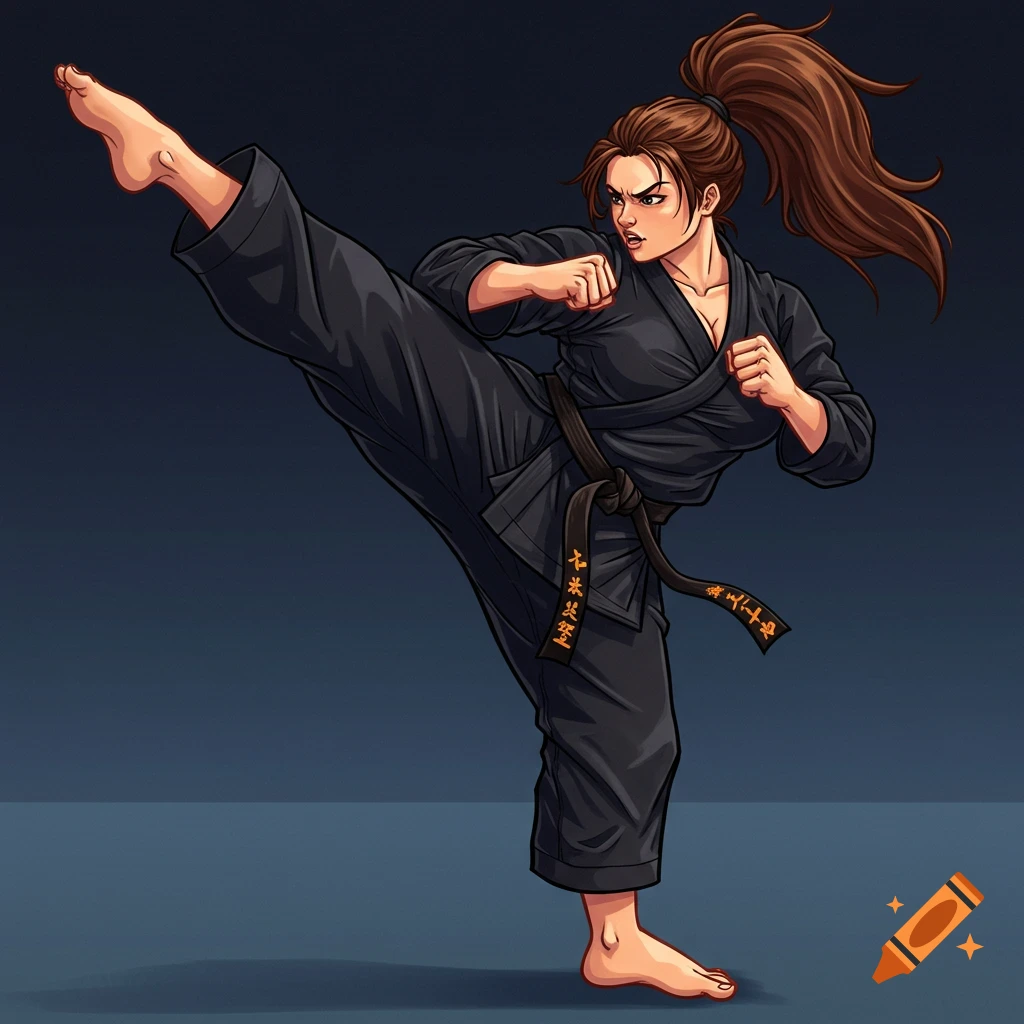 Woman in karate Gi performing a high kick on Craiyon