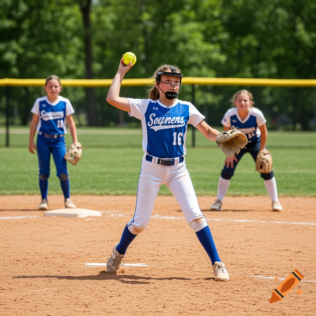 A young girl pitches a softball on a field with two fielders in the ...