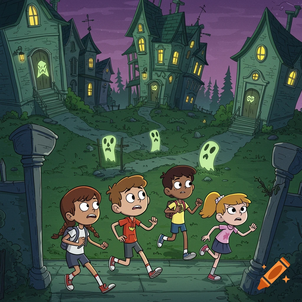 Cartoon illustration of kids running from spooky houses with ghosts. on Craiyon