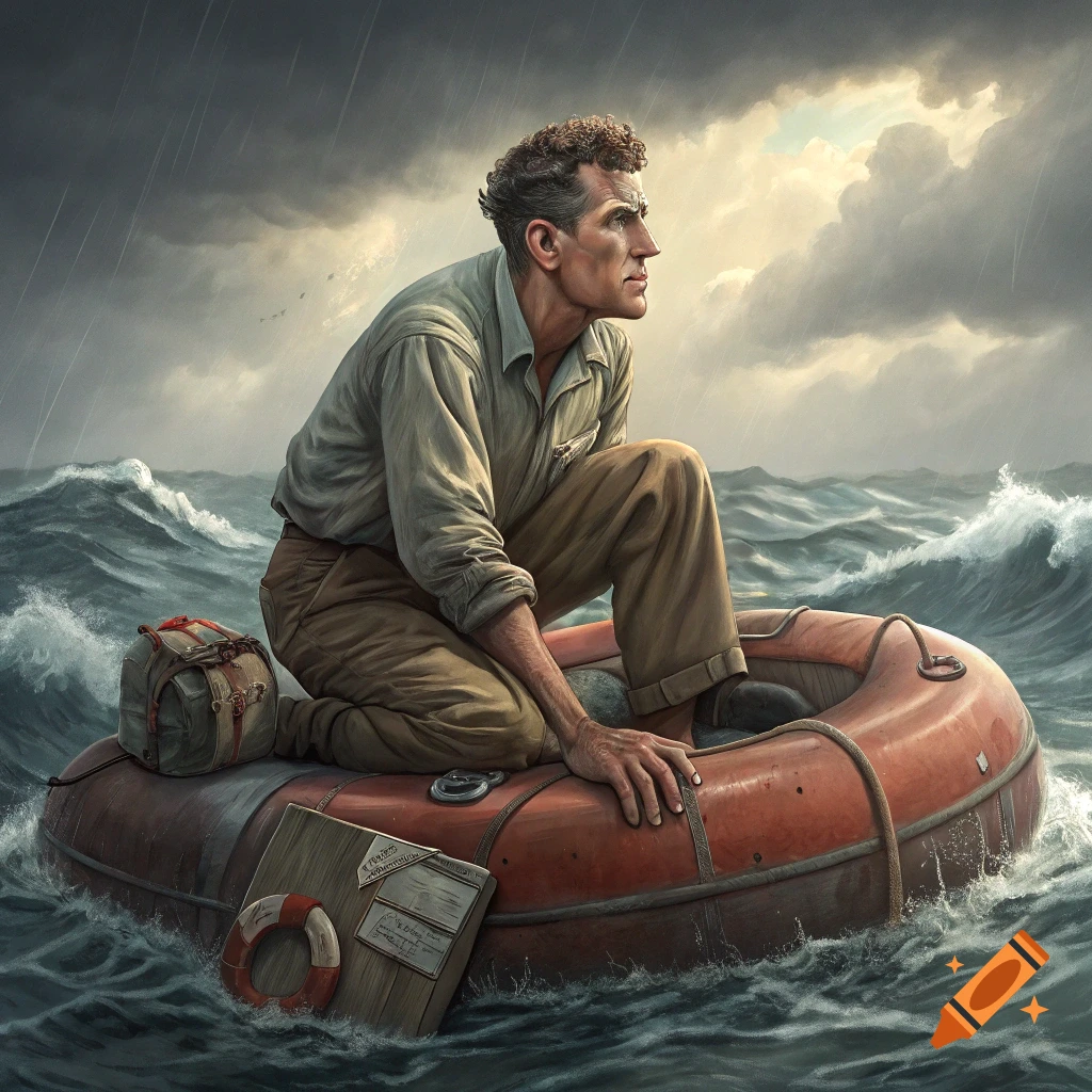 Louie Zamperini on life raft on Craiyon