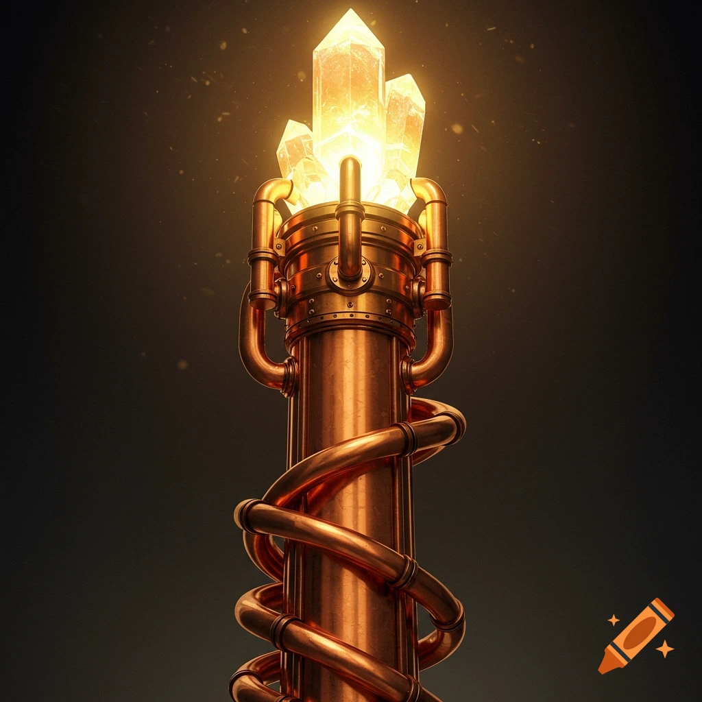 Fantasy copper pillar with pipes and glowing crystal on Craiyon