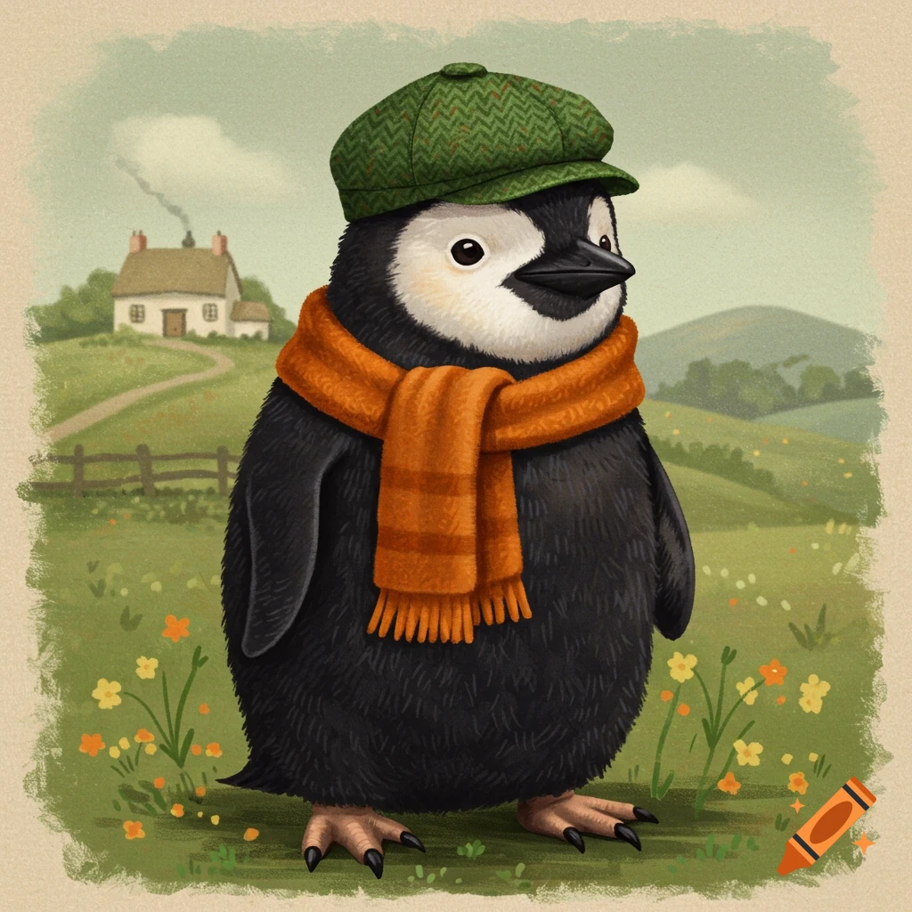 Cartoon illustration of a penguin wearing a green tweed hat and orange ...