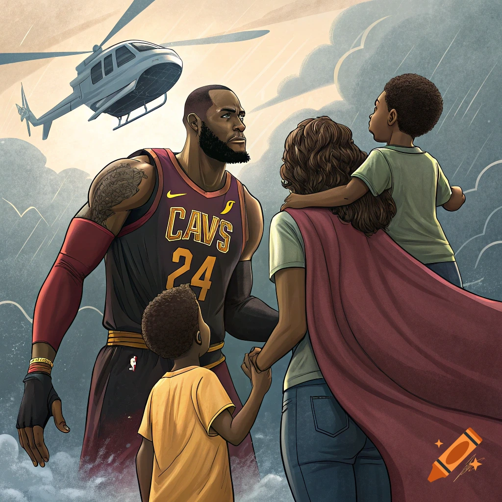 Illustration of LeBron James in a jersey hugging a woman in a school ...