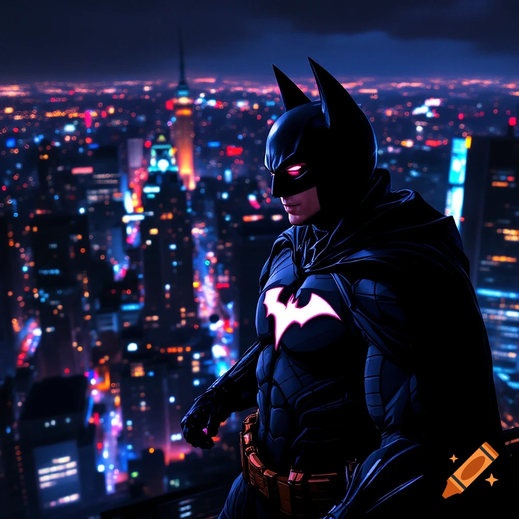 Elon Musk as Batman on Trump Tower with Tesla logo on Craiyon