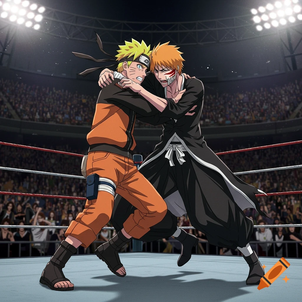 Anime characters Naruto and Ichigo wrestle in a stadium ring. on Craiyon