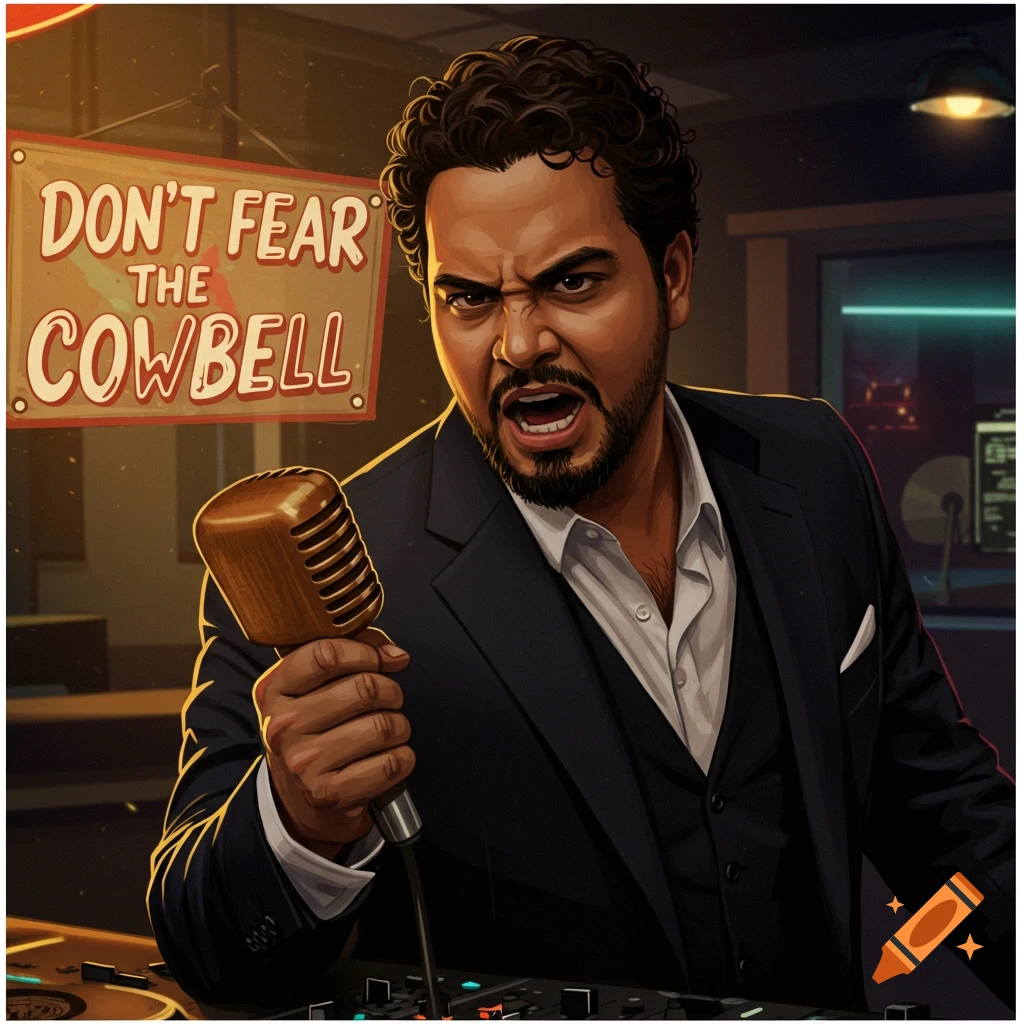 Radio DJ with "Don't Fear The Cowbell" sign on Craiyon