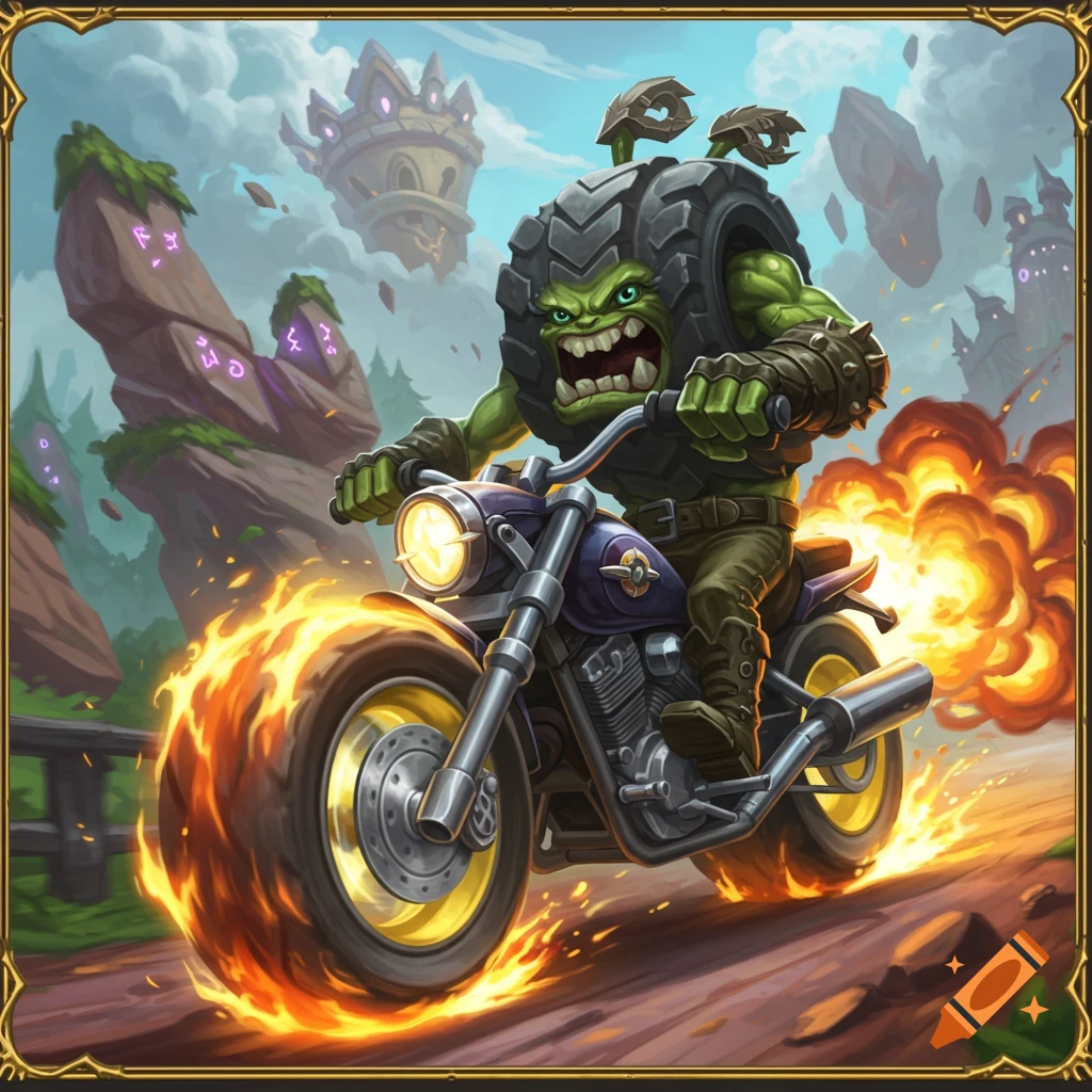 Tire elemental racing a motorcycle with explosive trails in Hearthstone ...