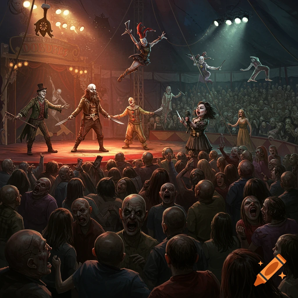 Dark horror-themed circus with a crowd on Craiyon
