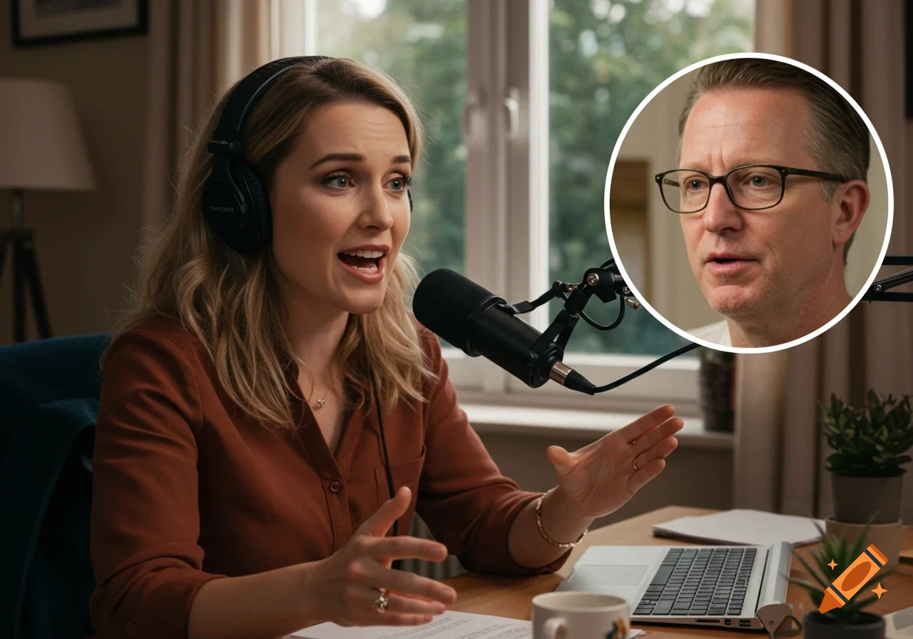 Photorealistic image of a woman recording a podcast at a desk with a ...