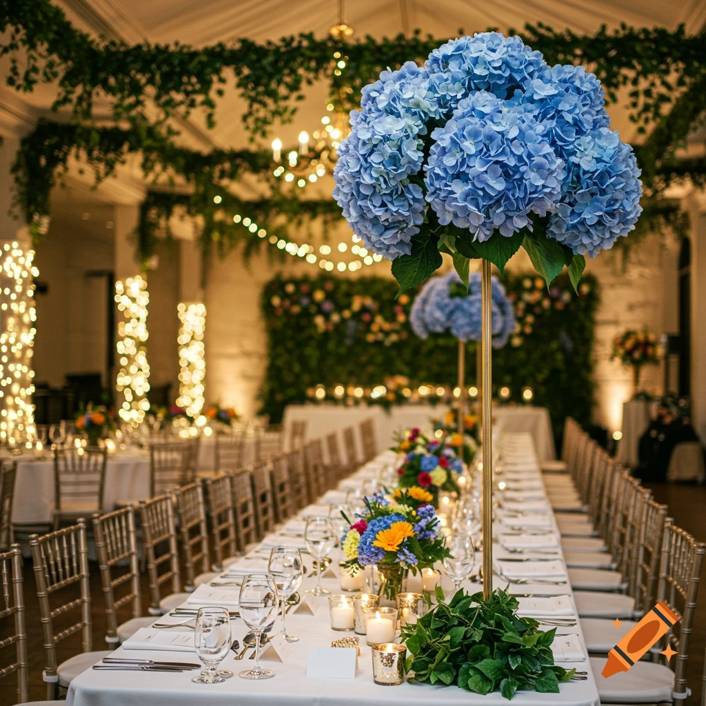 Long wedding reception table with floral centerpieces, candles, and ...