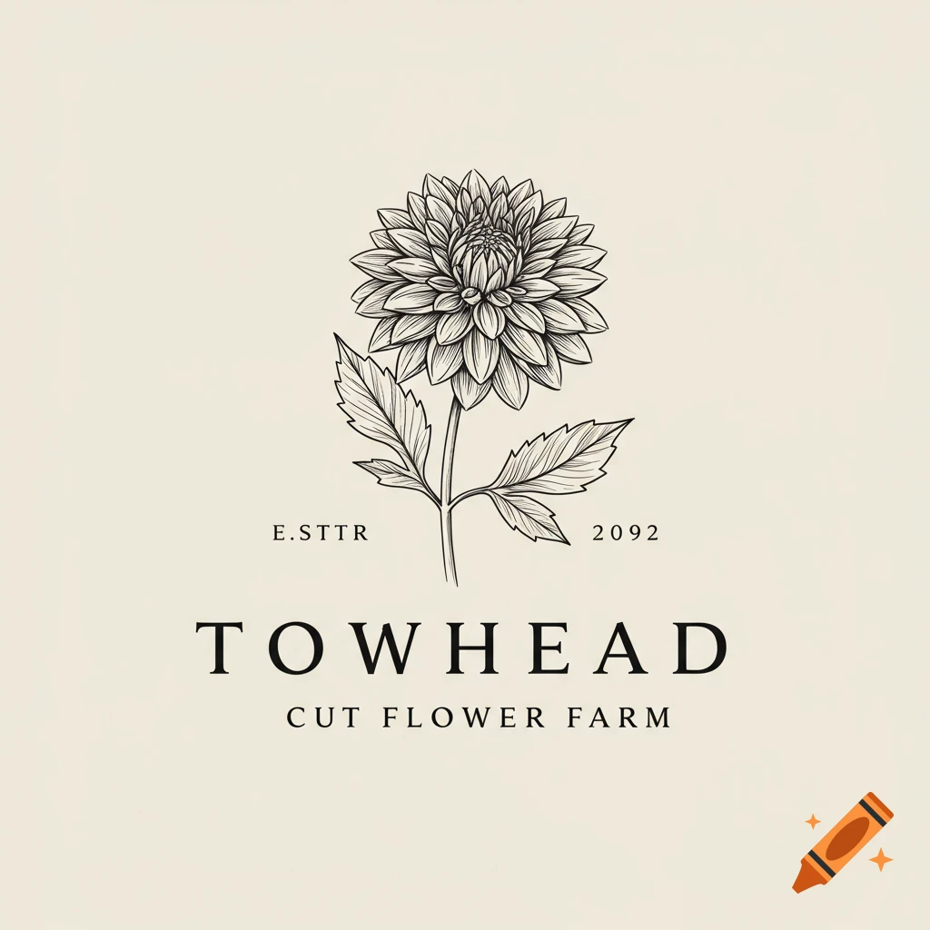 Towhead Farm logo featuring a dahlia sketch on Craiyon