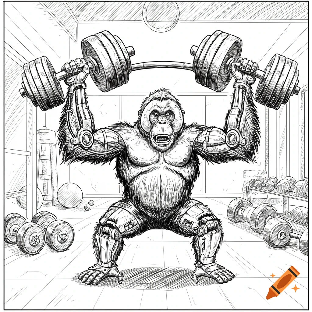 Black and white comic style bionic orangutan lifting weights on Craiyon