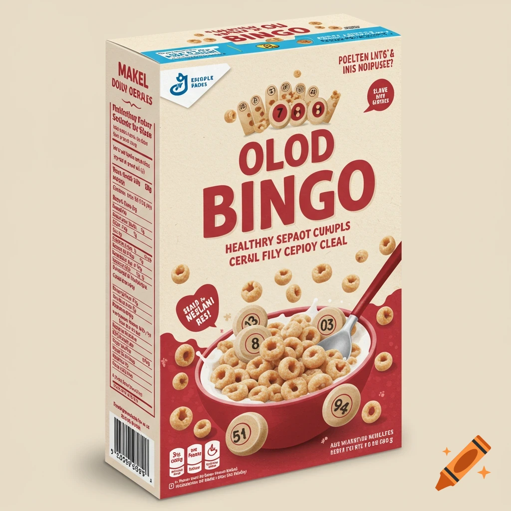 Cereal box for old people with a bingo theme on Craiyon