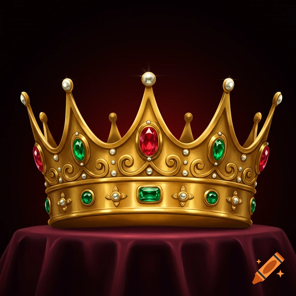 Detailed golden crown with red jewels on a dark cloth. on Craiyon