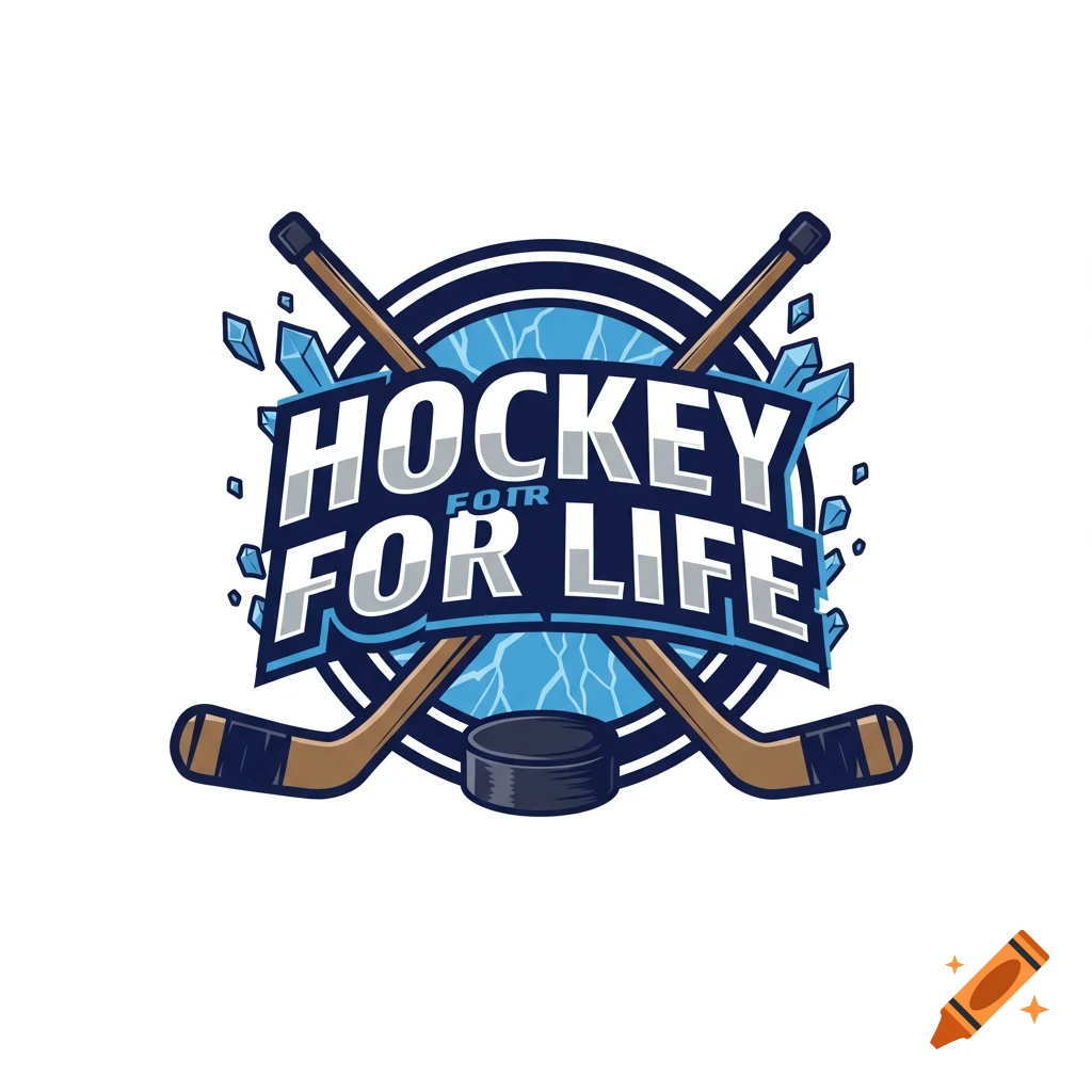 Hockey logo with crossed sticks, puck, and text 'HOCKEY FOR LIFE'. on Craiyon
