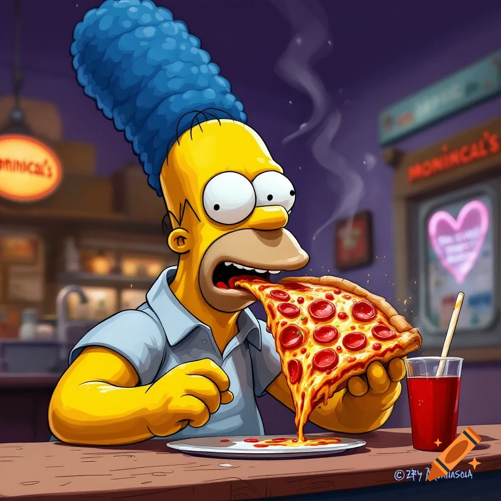 Cartoon image of Homer Simpson eating a large slice of pepperoni pizza ...