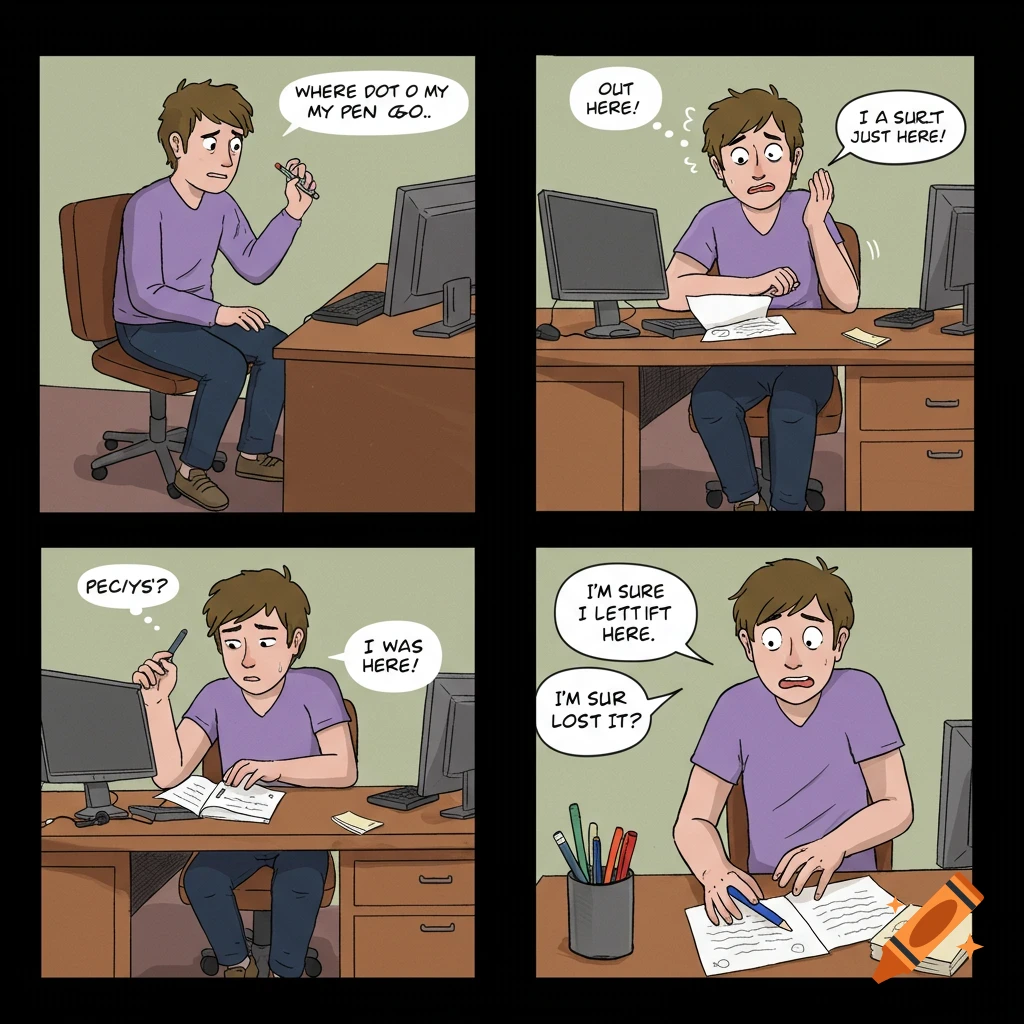 Comic strip panel about a lost pen on Craiyon