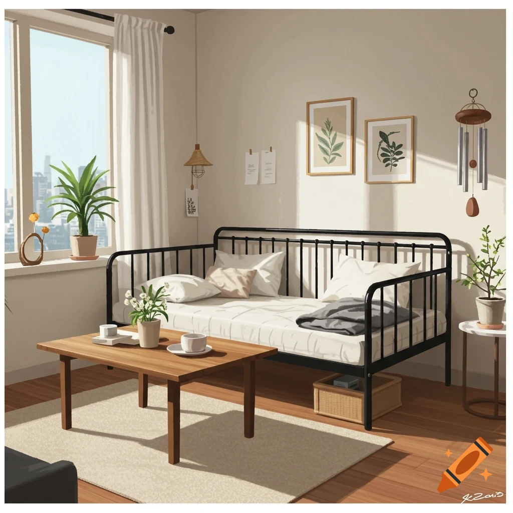 Apartment bedroom with black metal daybed, low coffee table, white and ...