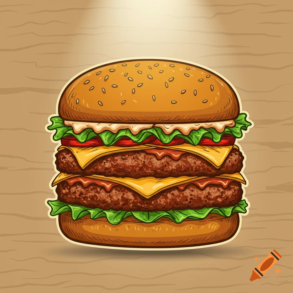 Cartoon illustration of a double cheeseburger with lettuce and tomato ...