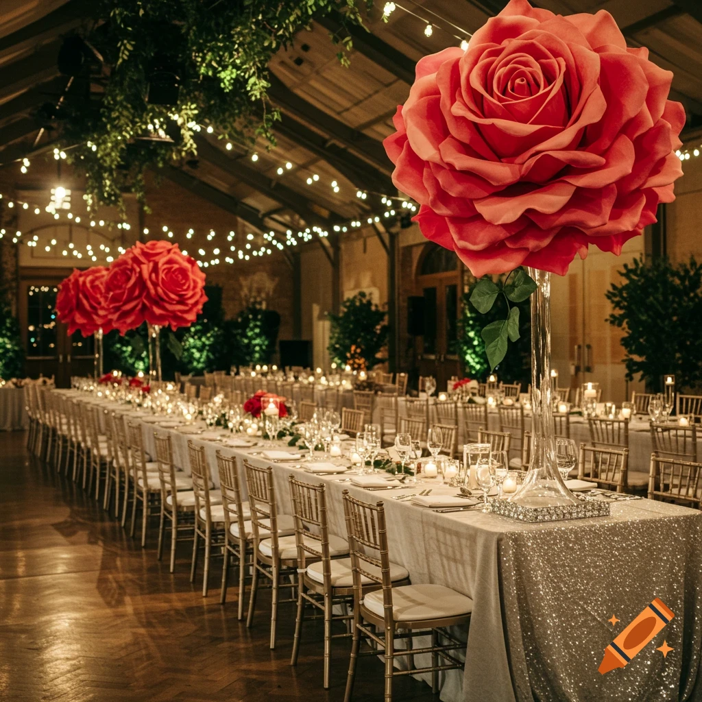 Long wedding reception table with large red rose centerpieces, candles ...