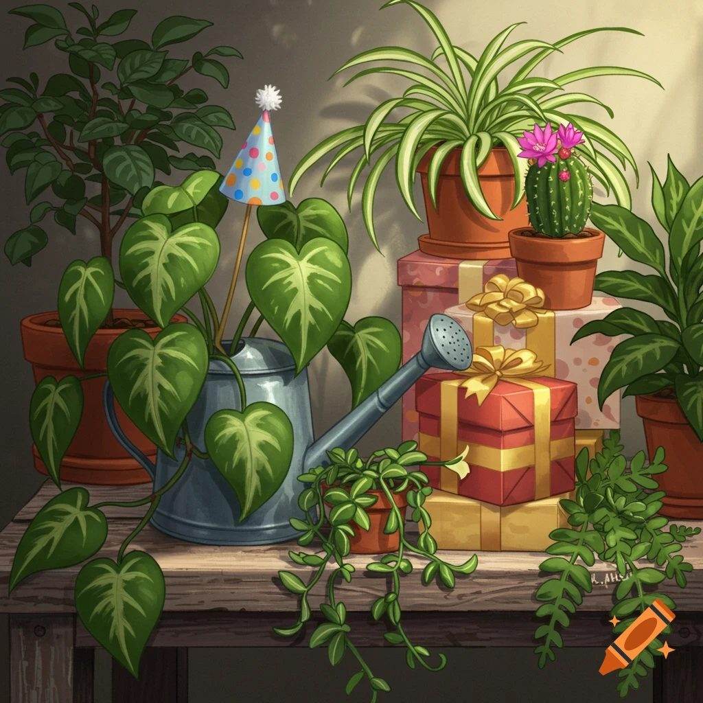 Houseplants gathered for a birthday celebration, adding unique charm to ...