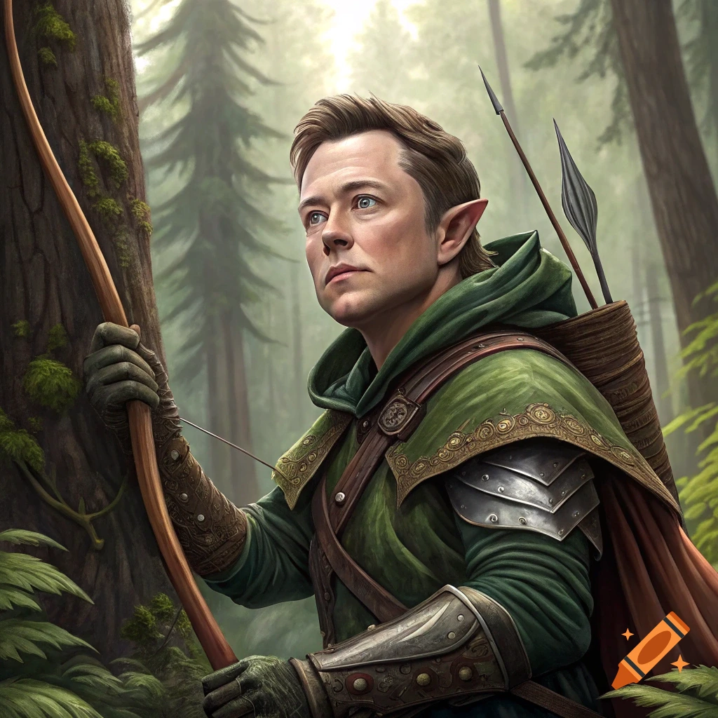 Portrait of Elon Musk as an elf ranger holding a bow in a forest on Craiyon
