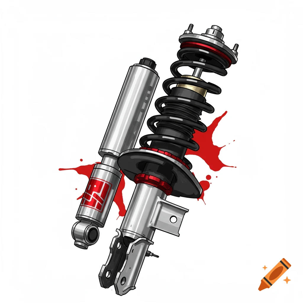 Car shock with red highlights, silver body, and black spring on Craiyon