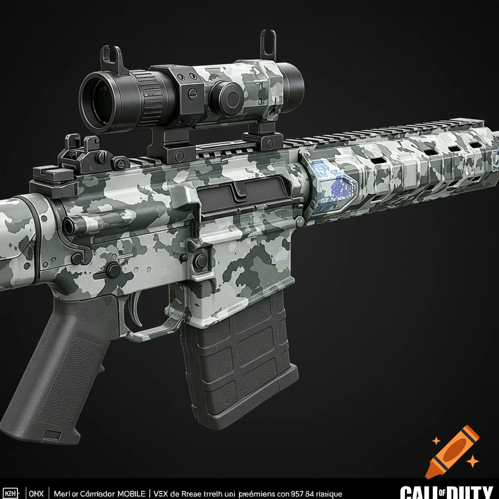 Close-up of a grey and green camouflage assault rifle with a scope and ...